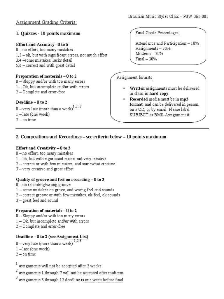Assignment Grading Criteria:: 1. Quizzes - 10 Points Maximum | PDF ...