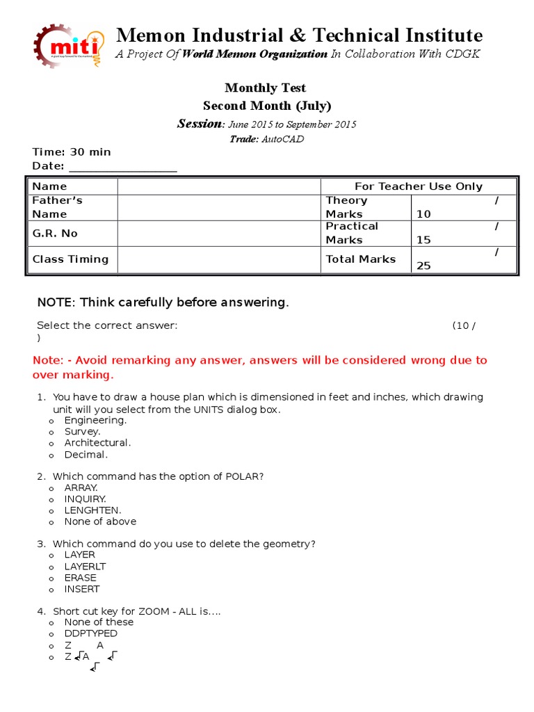 AutoCAD Monthly Test Paper | PDF