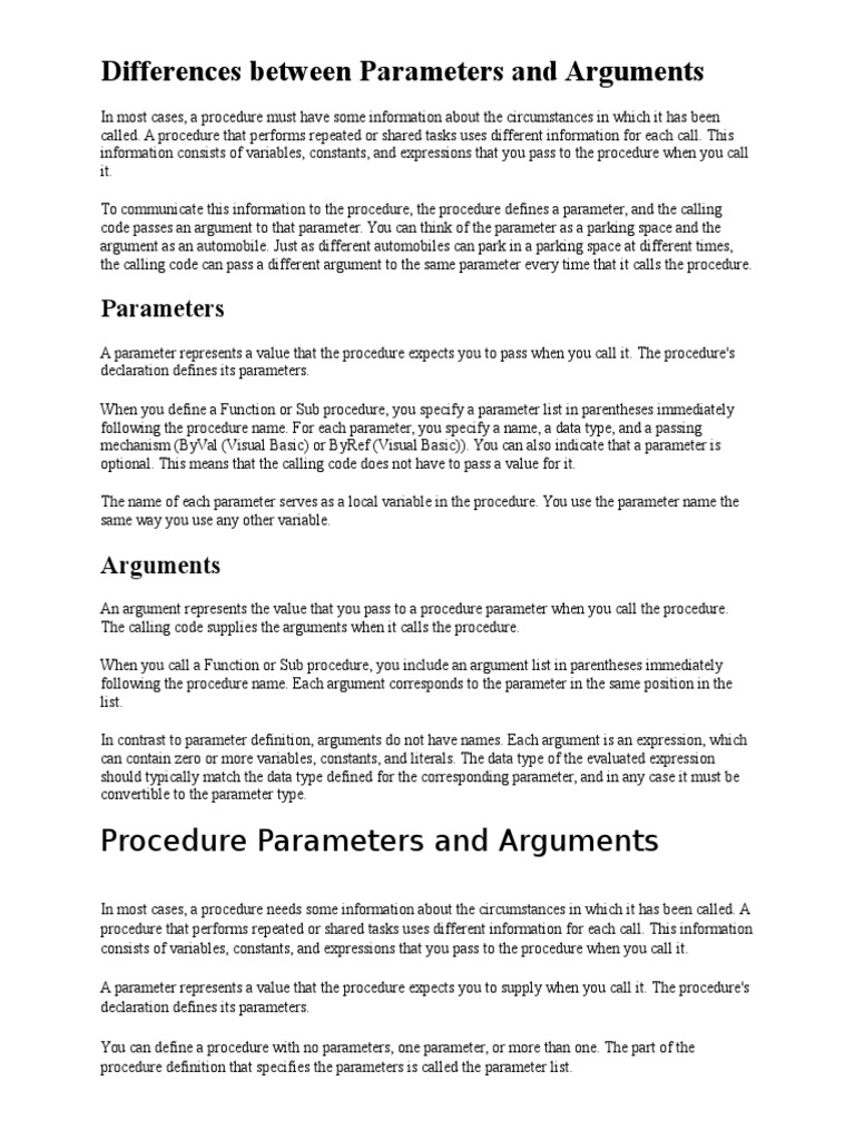 Differences Between Parameters And Arguments Pdf Parameter Computer Programming Subroutine