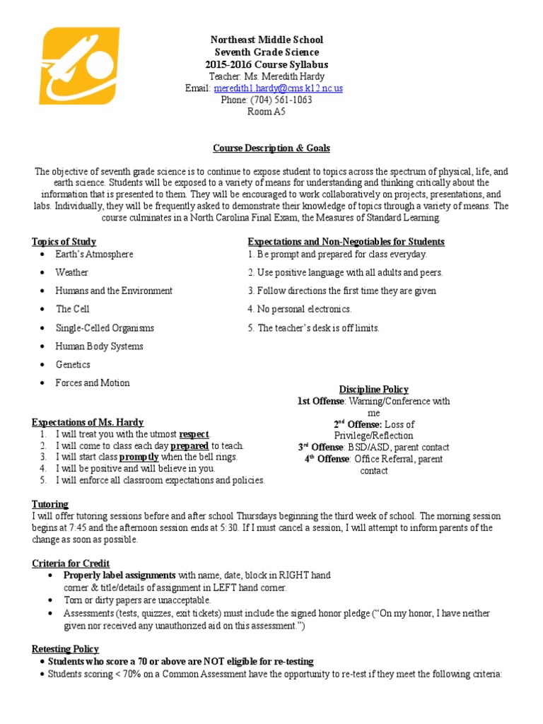 7th Grade Science Syllabus 2015-2016 | PDF | Homework | Teachers