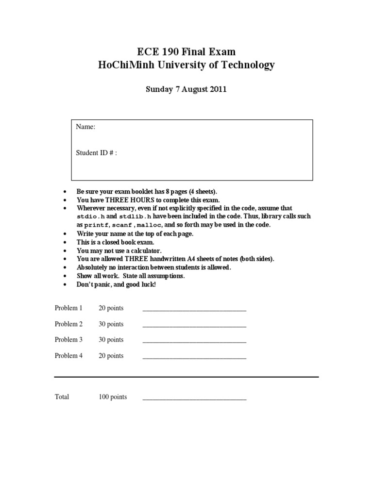 Ece 190 Final Exam Hochiminh University of Technology: Sunday 7 August ...