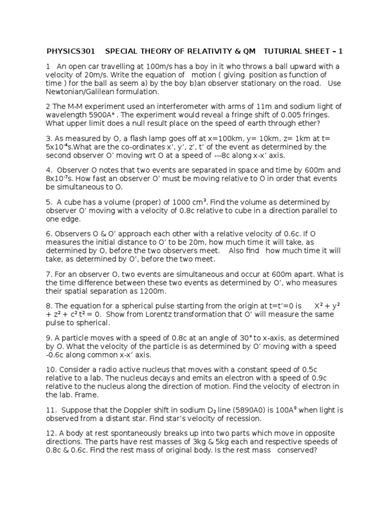 Special Theory of Relativity & QM Tuturial Sheet | PDF | Special ...