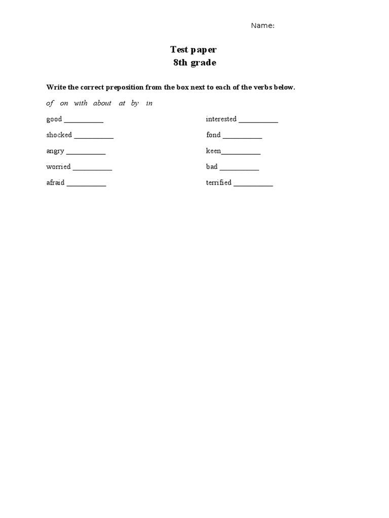 8th Grade Preposition and Grammar Test | PDF | Games & Activities ...