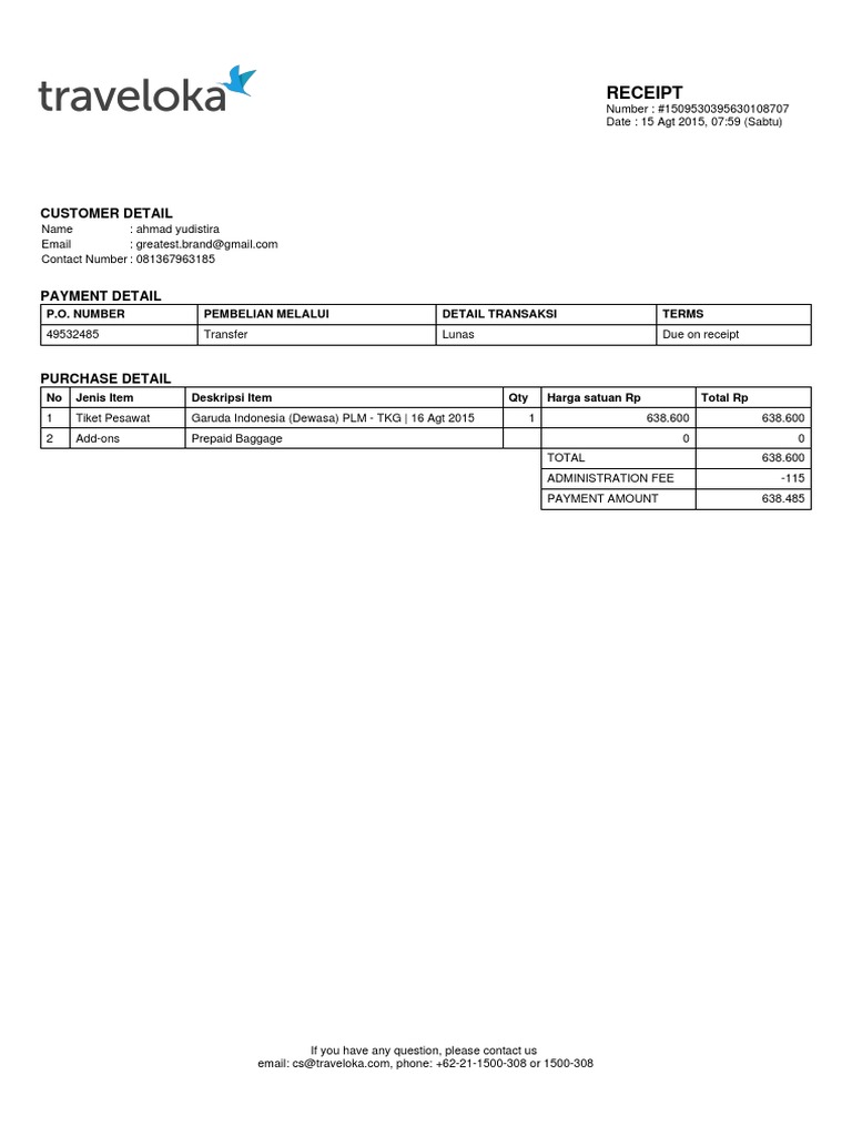 Receipt Traveloka | PDF | Receipt | Services (Economics)