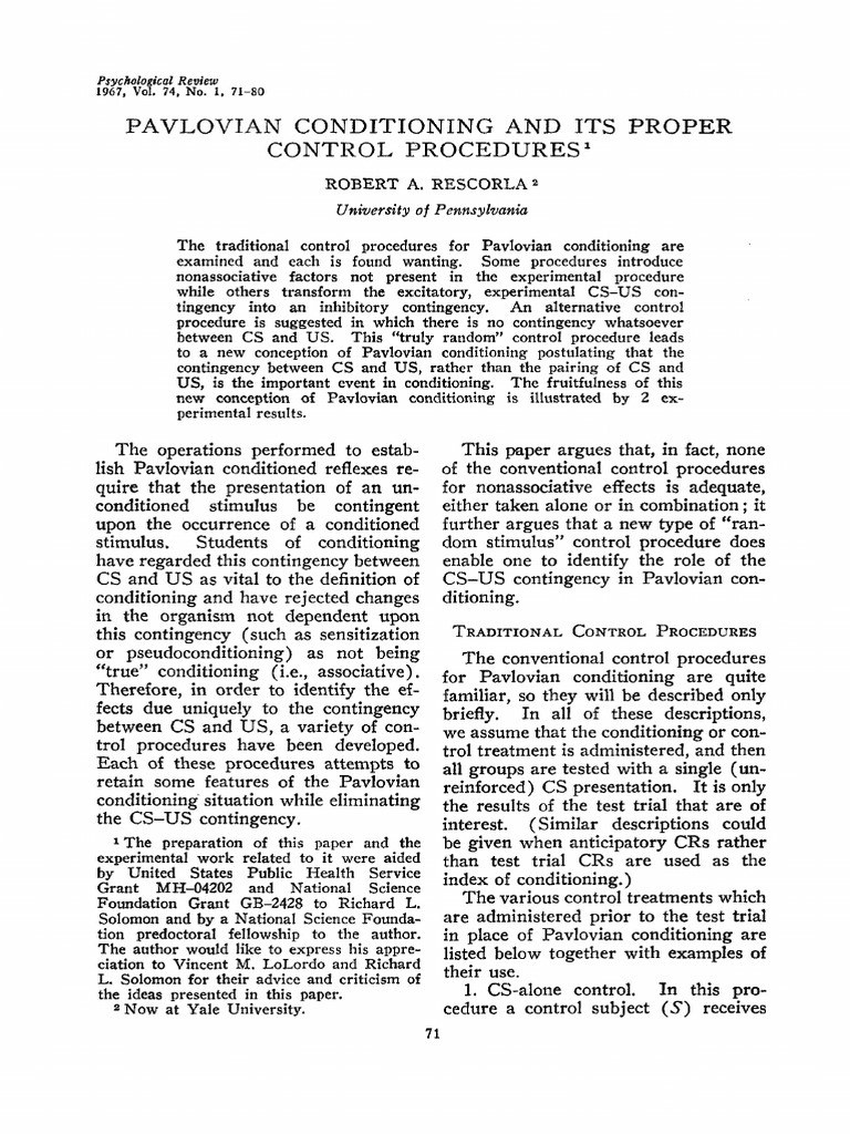 Rescorla (1967) PDF | PDF | Classical Conditioning | Experiment