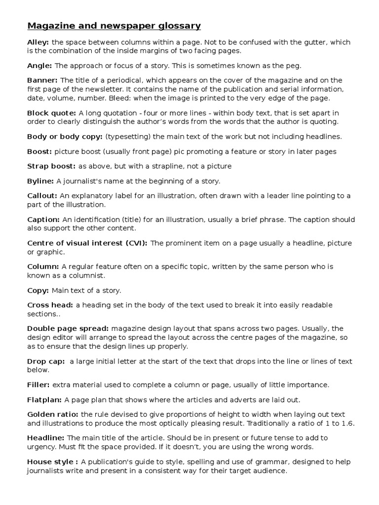 Magazine and Newspaper Glossary | PDF | Page Layout | Text