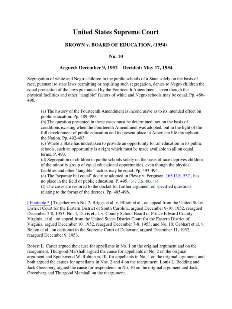 Brown V Board of Education (FULL TEXT) | Download Free PDF | Brown V ...