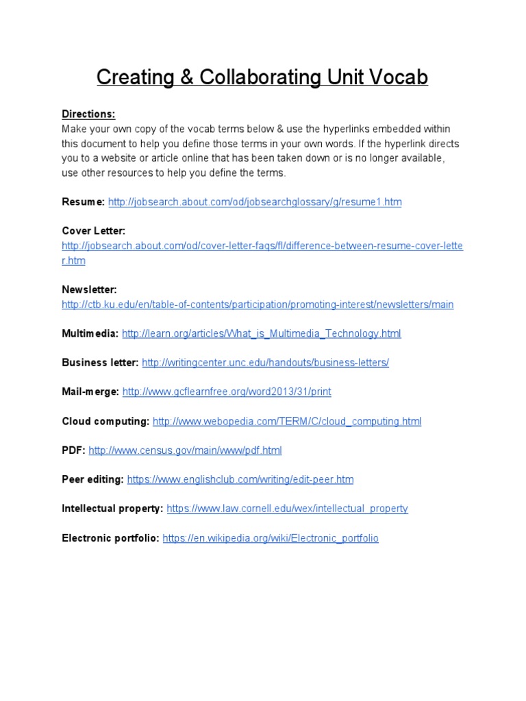 Creating & Collaborating Unit Vocab: Directions | PDF