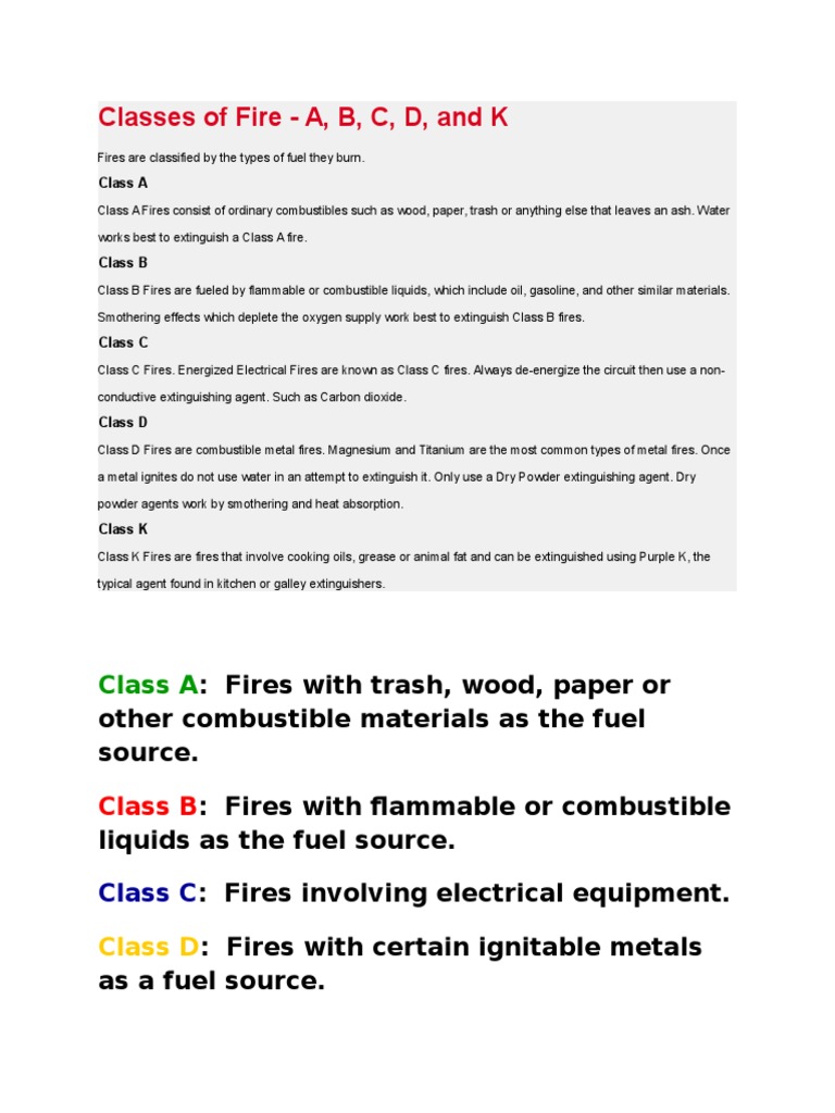 Classes of Fire - A, B, C, D, and K | PDF
