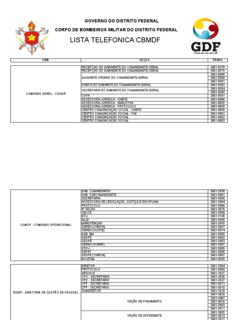 Lista Telefônica do CBMDF | PDF