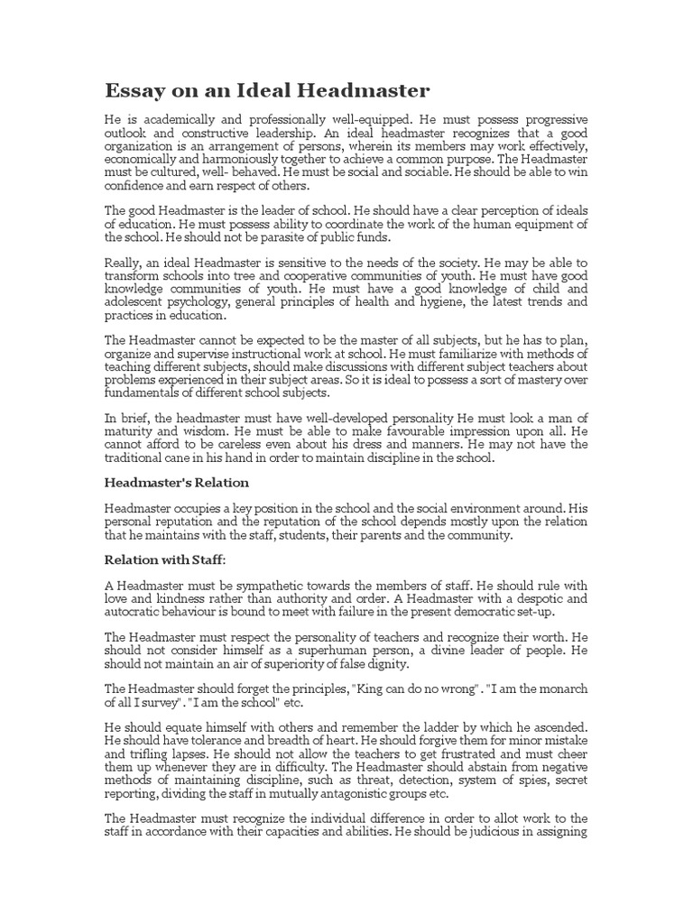 Essay On An Ideal Headmaster | PDF | Leadership | Psychology