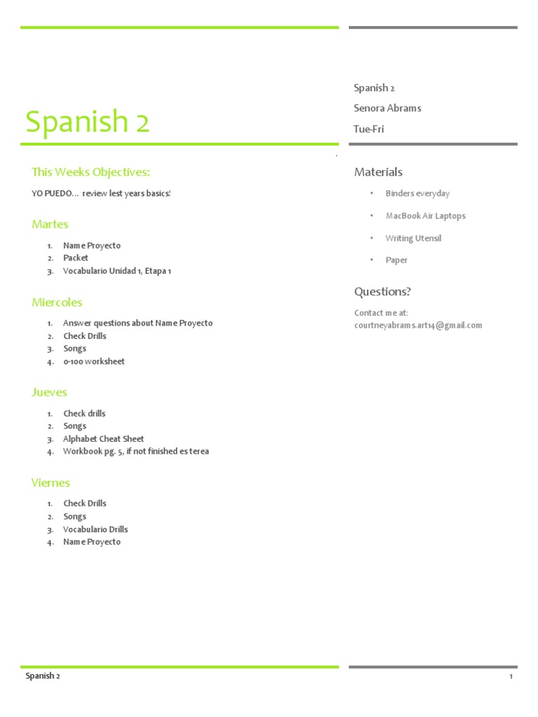 Spanish 2 Weekly Objectives and Activities | PDF