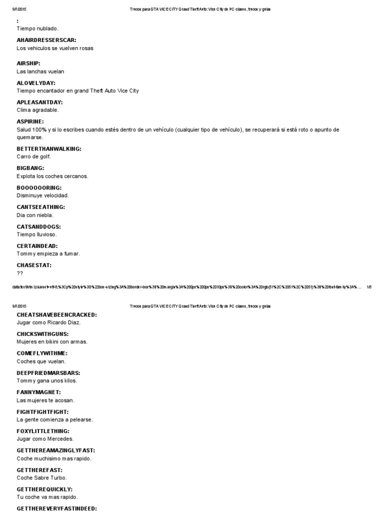 Trucos para GTA VICE CITY Grand Theft Auto - Vice City de PC Claves, Trucos y Guias PDF | PDF ...