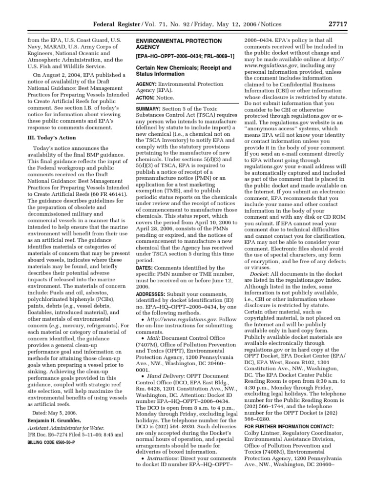 Notice: Environmental Statements Availability, Etc.: New Chemicals ...