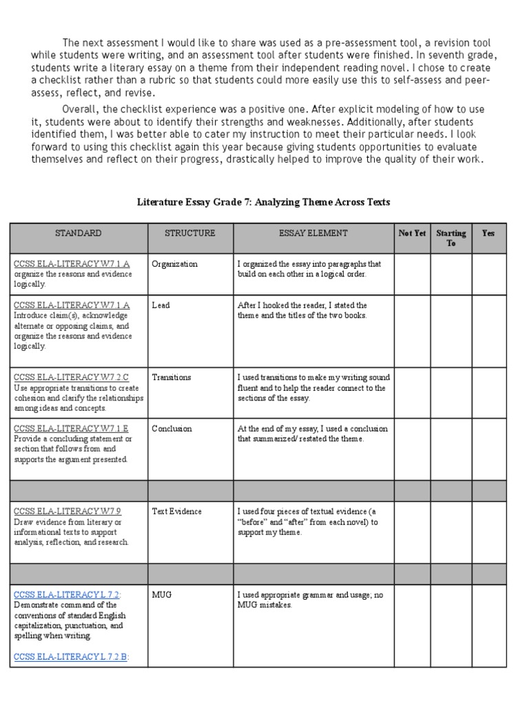 Grade 7 Literary Essay Checklist | PDF