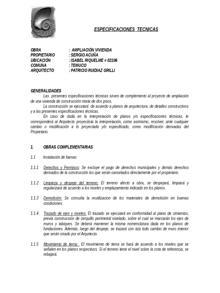 Especificaciones Técnicas de Vivienda Basica | PDF | Fundación (Ingeniería) | Techo