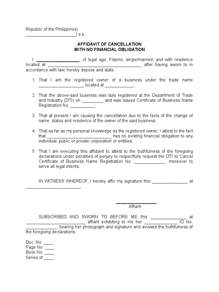 Affidavit of Cancellation With No Financial Obligations | PDF