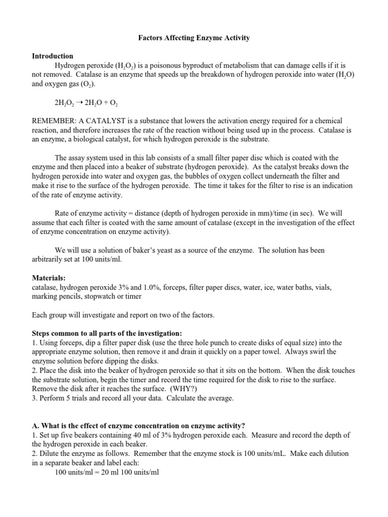 Factors Affecting Enzyme Activity | PDF | Catalase | Hydrogen Peroxide