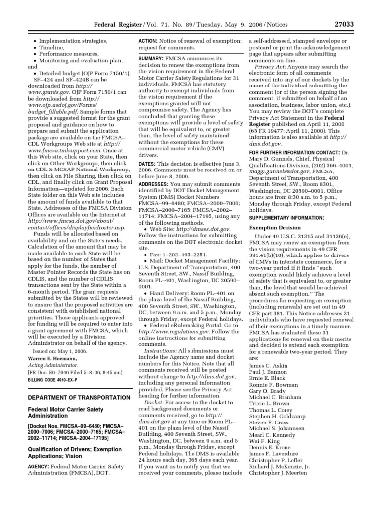 FMCSA Vision Exemption Renewal Notice | PDF | Government Agencies ...