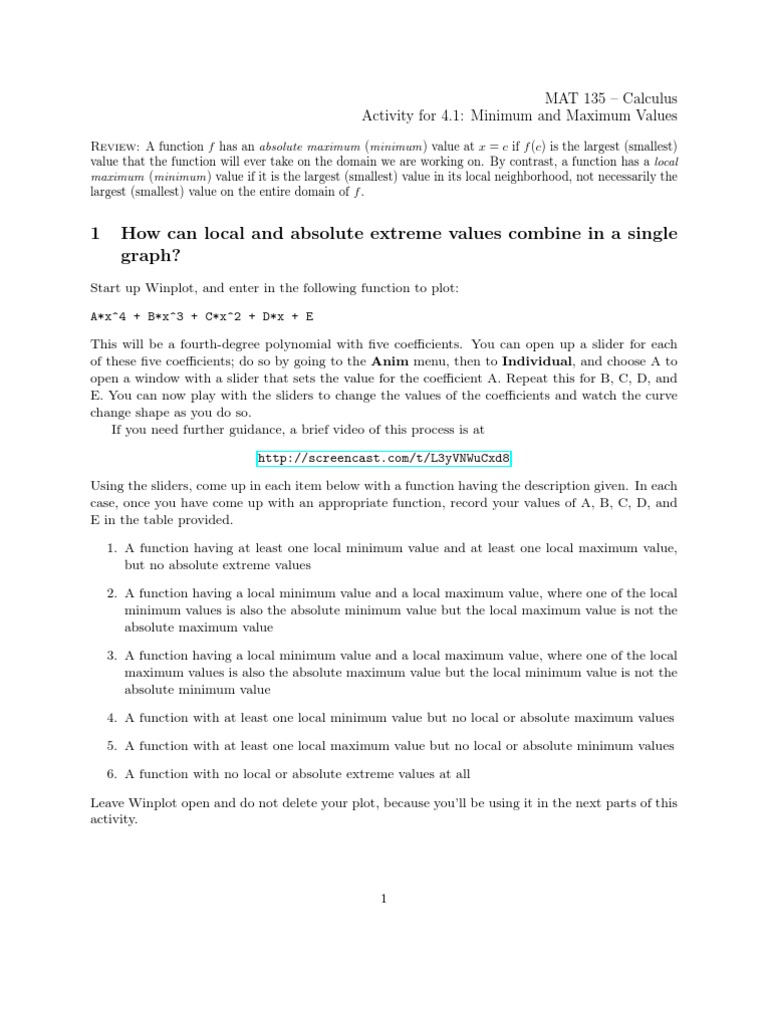 Calculus: Extreme Values Activity | PDF | Maxima And Minima | Derivative