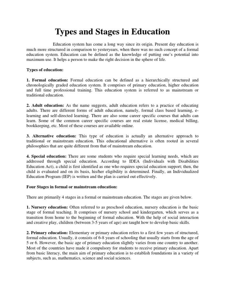 Types and Stages in Education | PDF | Special Education | Higher Education