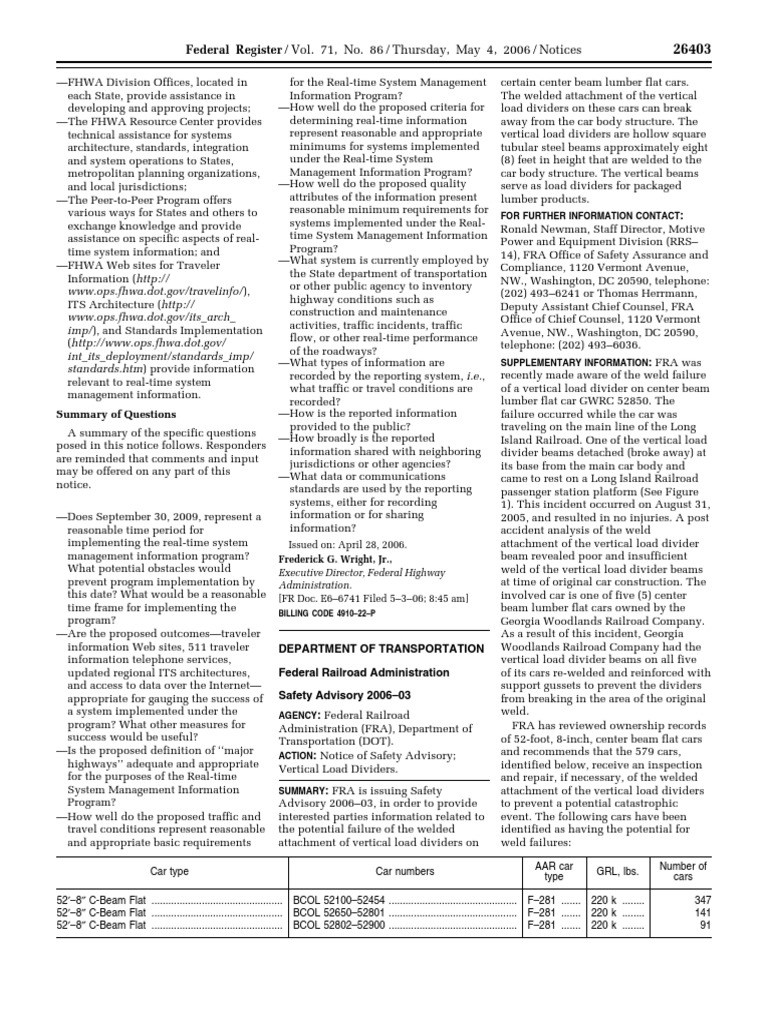 Notice: Safety Advisories, Bulletins, and Directives: Vertical Load ...