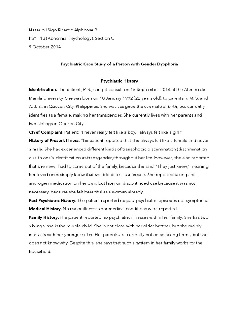 Sample Psychiatric Case Study | PDF | Gender Identity | Diagnostic And ...