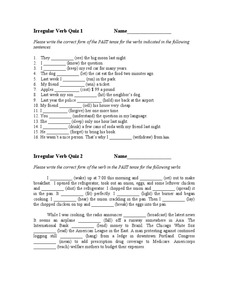 Irregular Verbs Exercise Pdf Grammatical Tense Verb