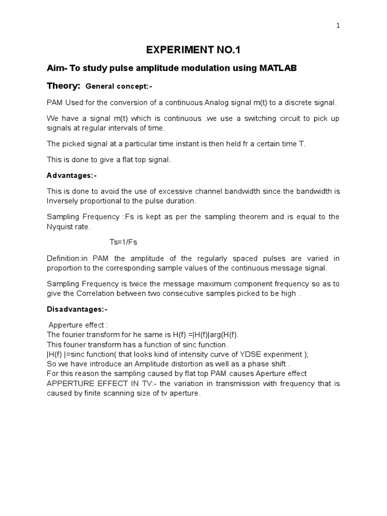 Experiment No.1: Aim-To Study Pulse Amplitude Modulation Using MATLAB Theory | PDF | Sampling ...