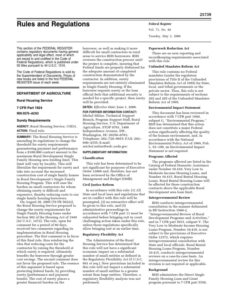 Rule: Program Regulations: Construction and Repair Surety Requirements ...