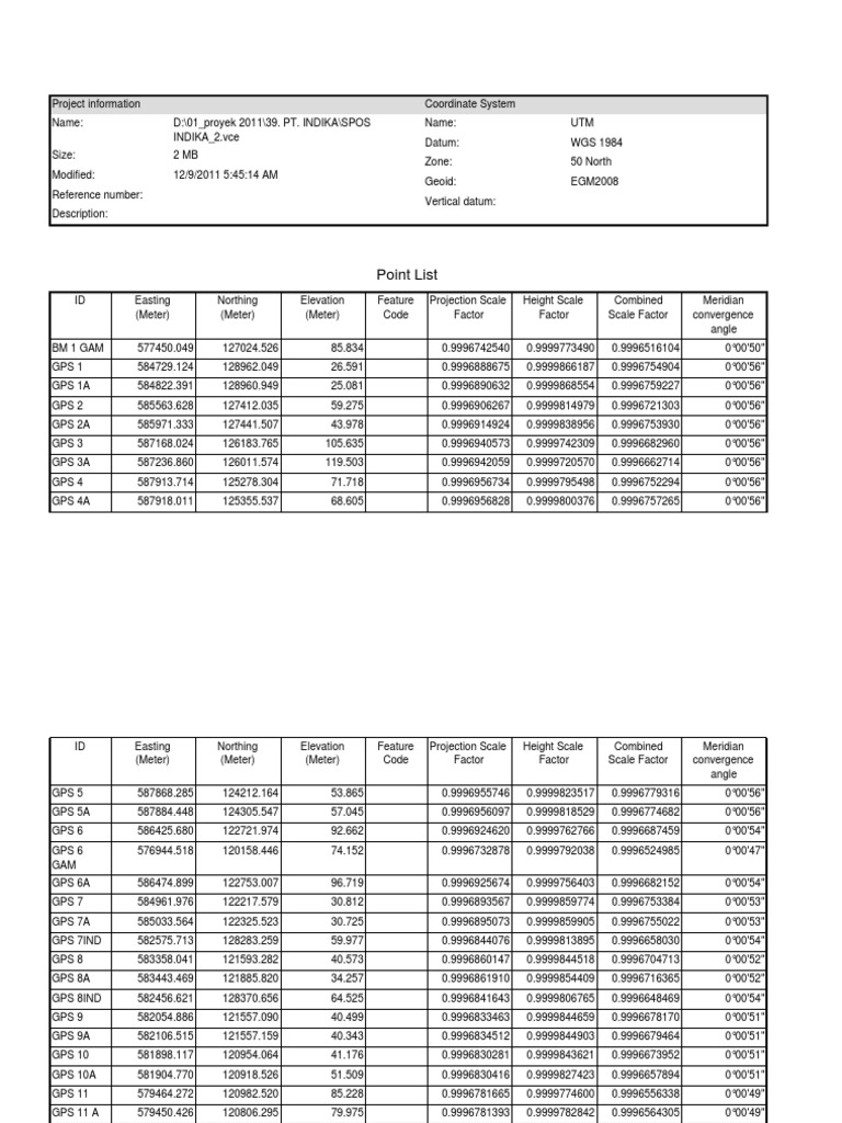 Point List: Project Information Coordinate System | PDF | Computers ...