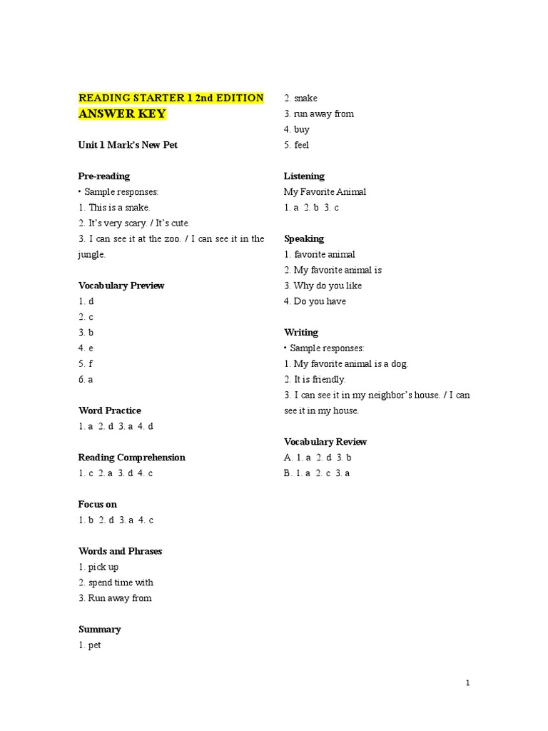 Reading Starter1-Answer Key | Download Free PDF | Reading (Process ...