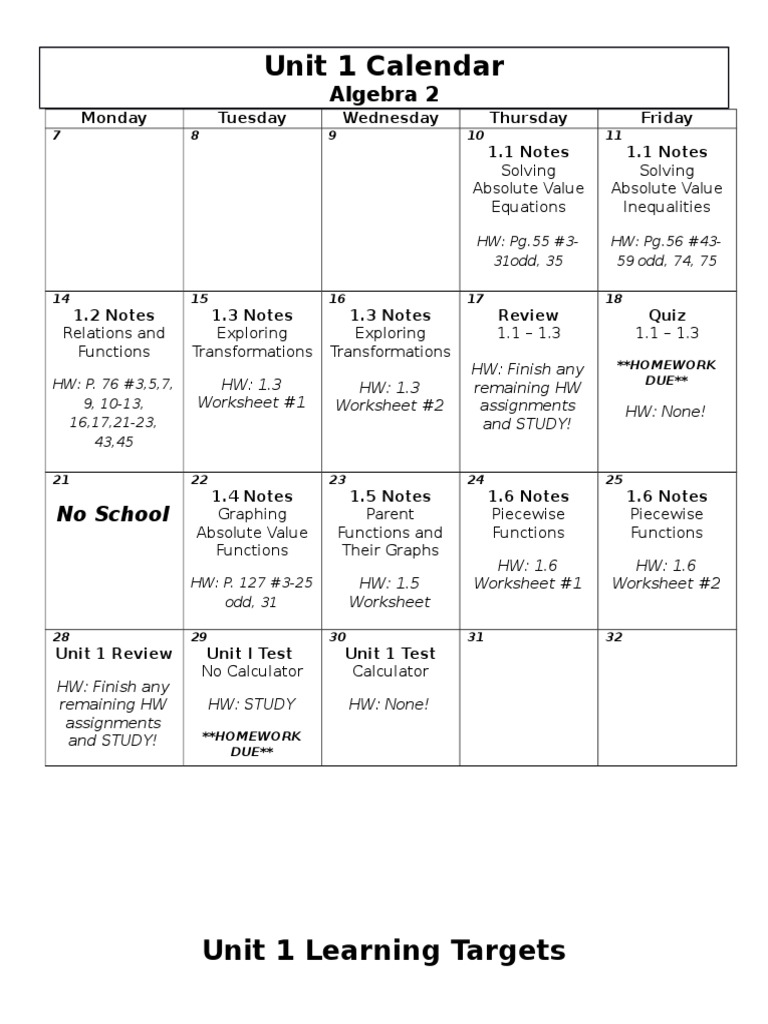 Unit 1 Calendar | PDF