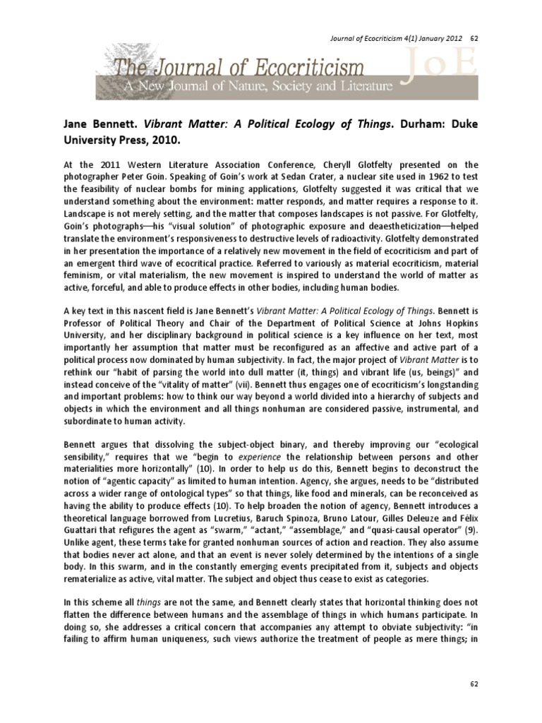 Jane Bennett. Vibrant Matter: A Political Ecology of Things ...
