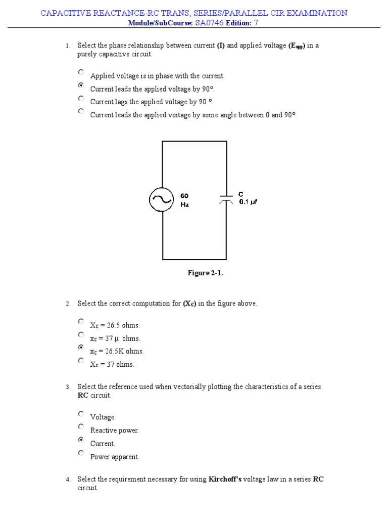 Capacitive Reactance-Rc Trans, Series/Parallel Cir Examination Module/Subcourse | PDF ...