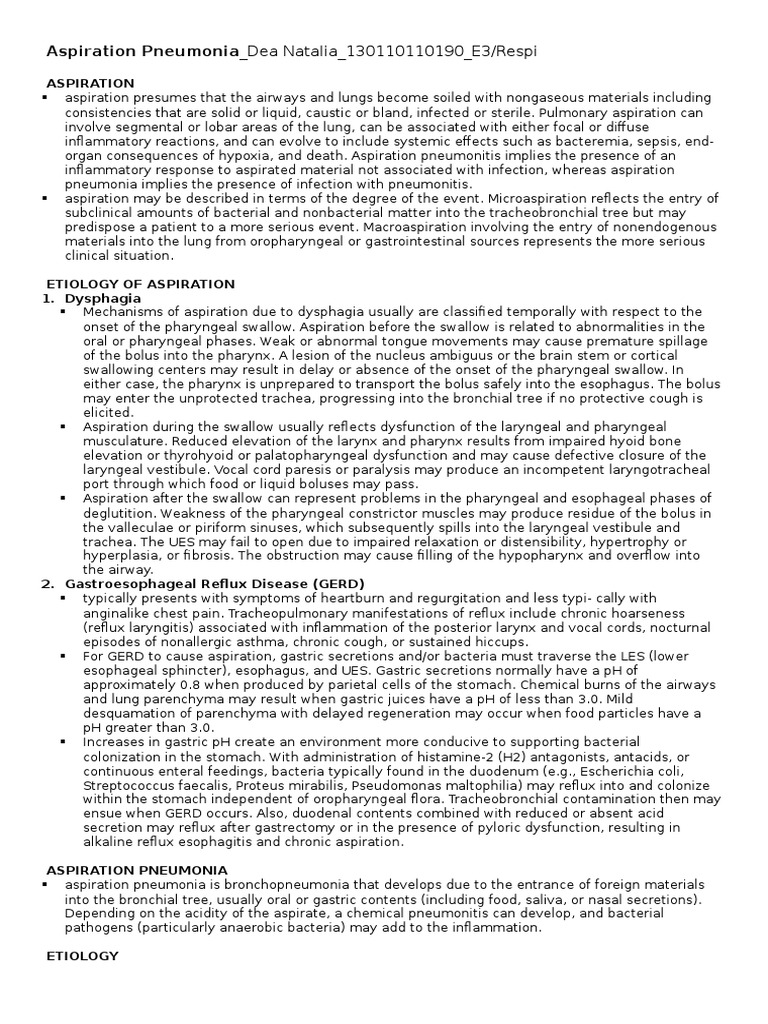 Aspiration Pneumonia Risk Factors | PDF | Pneumonia | Gastroesophageal ...