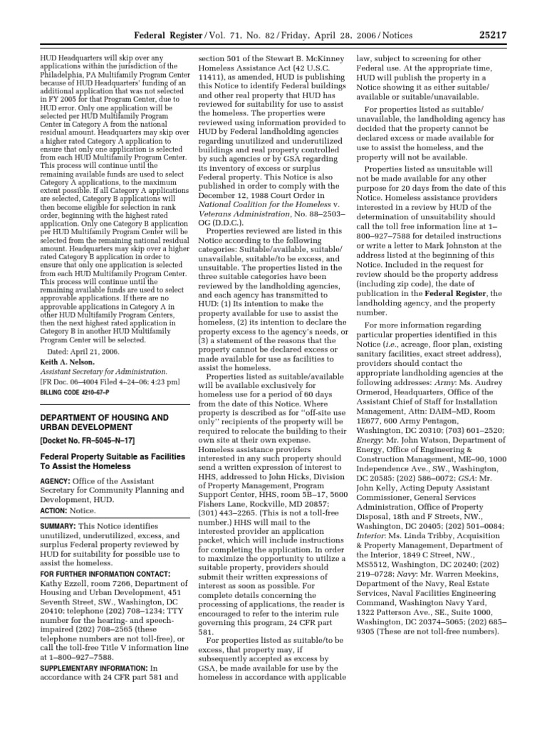 Notice: Grants and Cooperative Agreements Availability, Etc.: Homeless Assistance Excess and ...