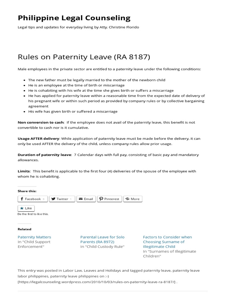 Rules On Paternity Leave (RA 8187) - Philippine Legal Counseling | PDF ...