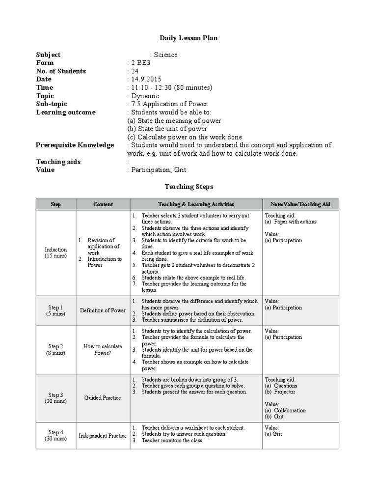 Lesson Plan Example For Application of Power - Form 2 | PDF | Lesson ...