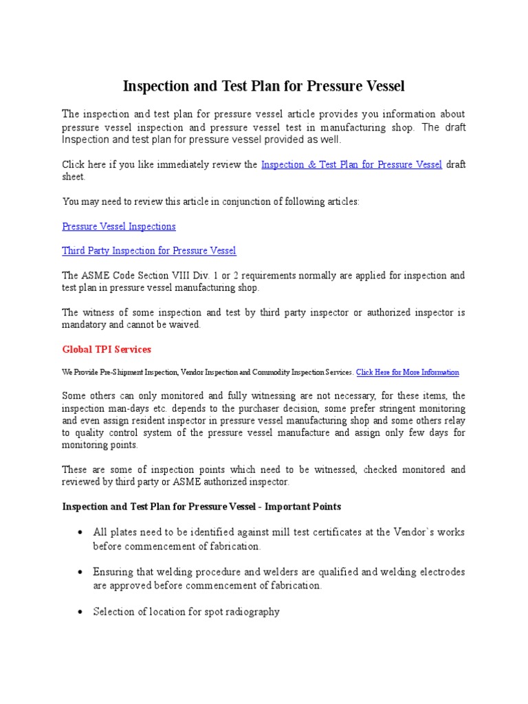 Inspection and Test Plan for Pressure Vessel | Welding | Engineering
