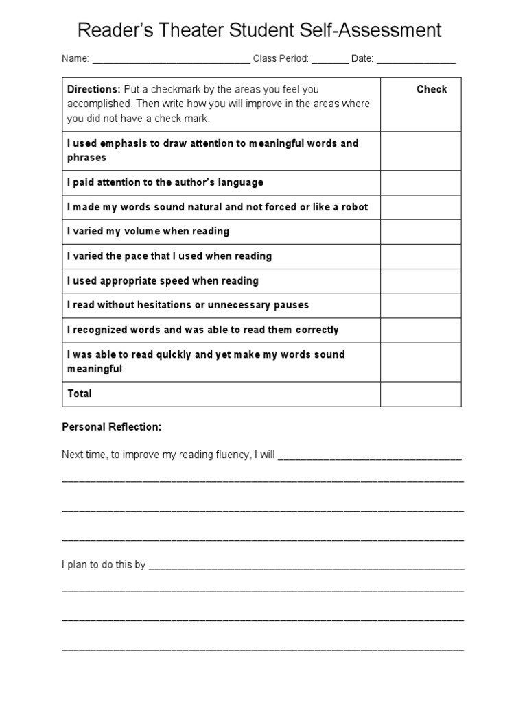 Reader's Theater Self-Assessment Tool | PDF