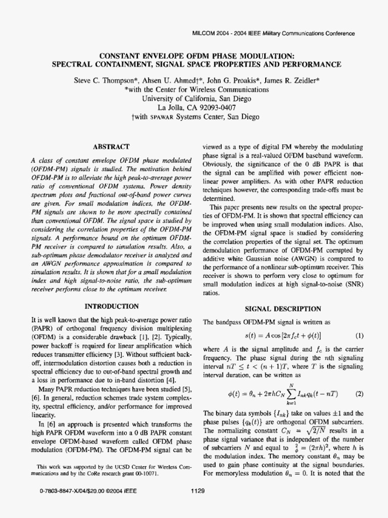 Constant Envelope Ofdm Phase Modulation: Spectral Containment, Signal Space Properties and ...
