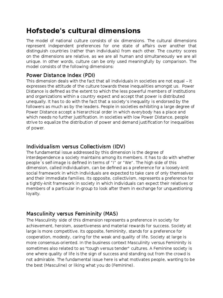 Hofstede's Cultural Dimensions: Power Distance Index (PDI) | PDF | Norm ...