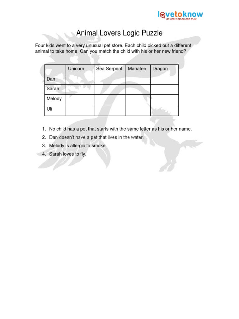Animal Lovers Logic Puzzle | PDF | Leisure