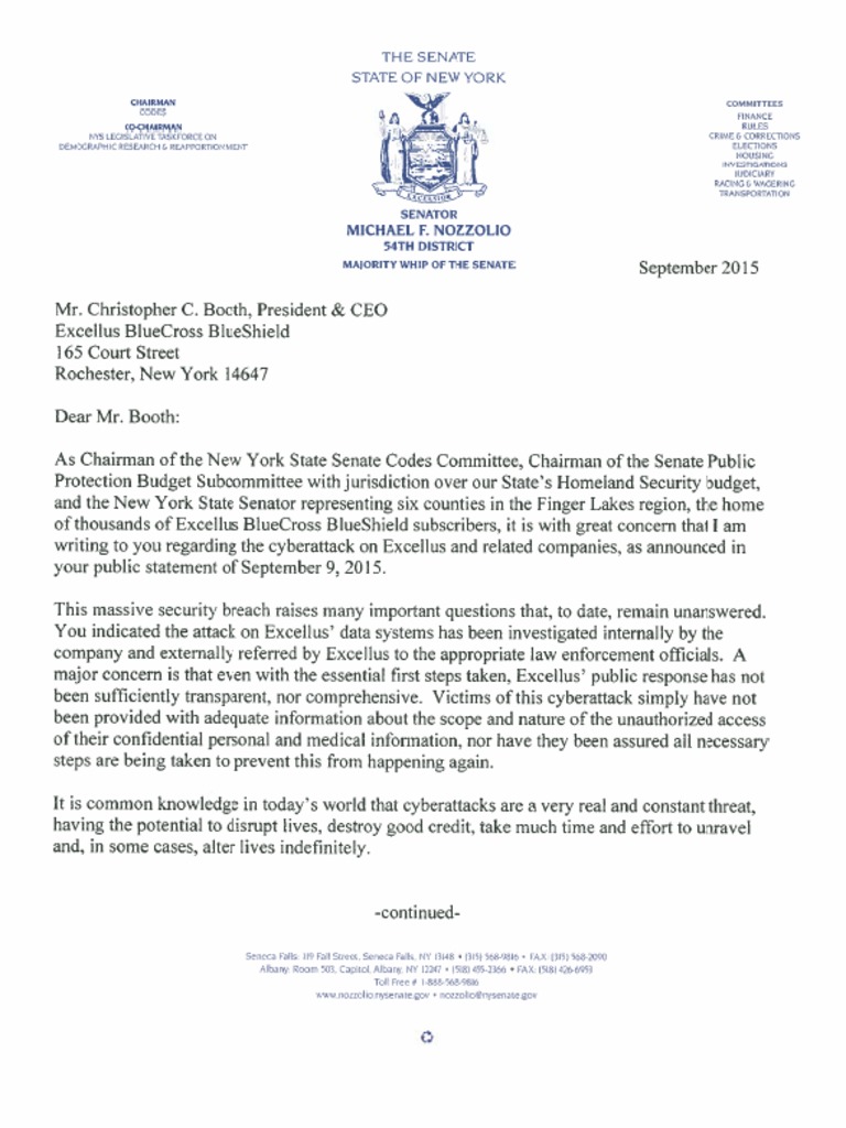 State Sen. Michael Nozzolio's Letter To Excellus BlueCross BlueShield ...