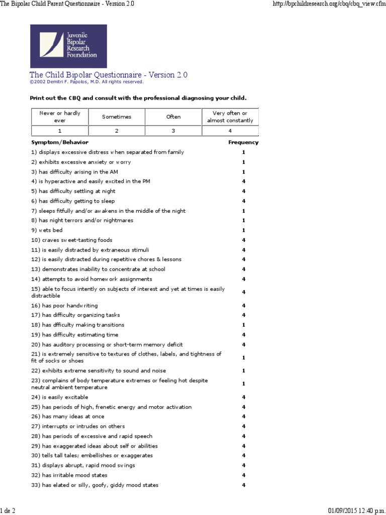 The Bipolar Child Parent Questionnaire - Version 2 - Tomas Cañas | PDF ...