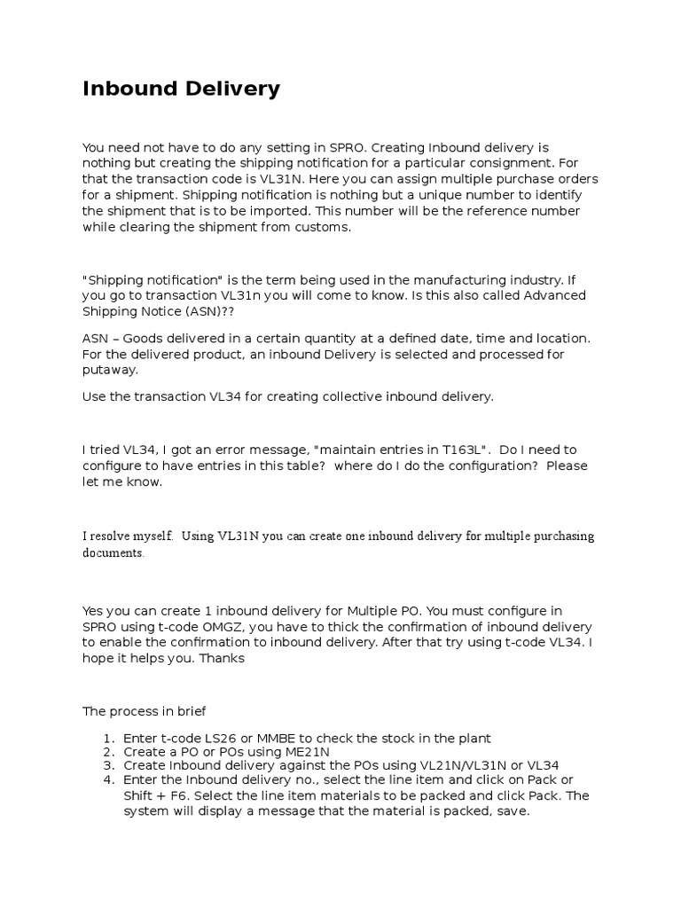 Inbound Delivery Process | PDF | Delivery (Commerce) | Stocks