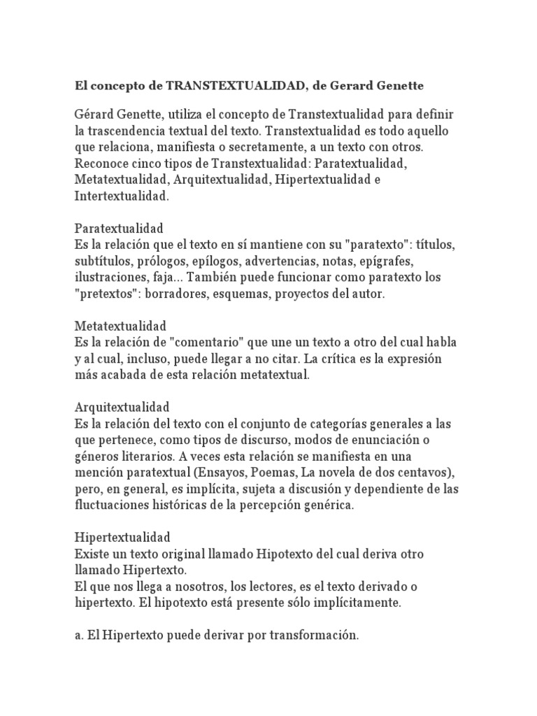 El concepto de TRANSTEXTUALIDAD, de Gerard Genette