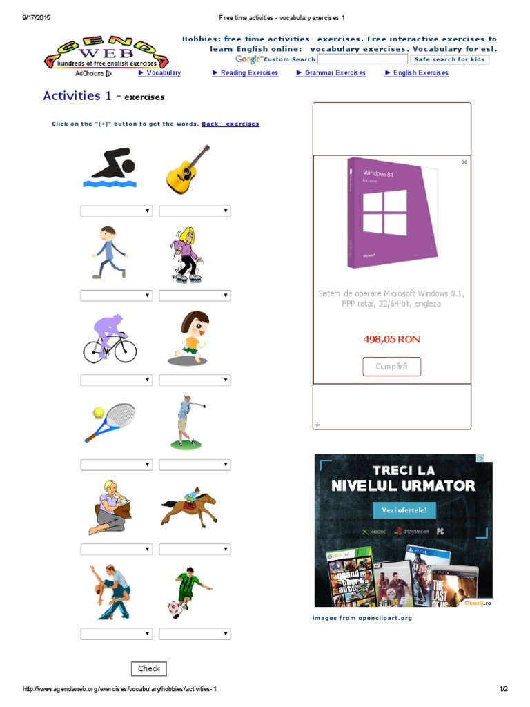 Free Time Activities - Vocabulary Exercises 1 | PDF