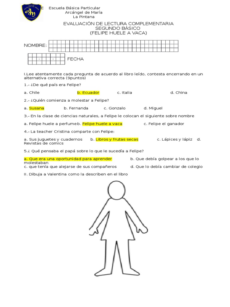 Evaluación de lectura sobre el libro 'Felipe huele a vaca' | PDF